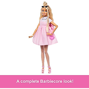 Barbie Deluxe Style Doll #3 in Barbiecore Outfit, Blond Hair in Top Knot, Pink Pastel Dress with Oversized Bow and Accessories Like Mesh Tights