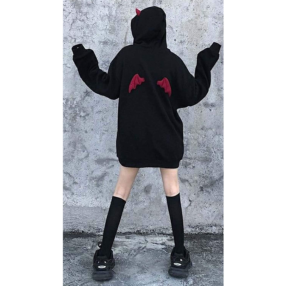 kydely Womens Devil Wings Red Horn Sweatshirt Long Sleeve Hoodie Pullover Hooded Tops, Black, X-Large