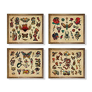 Vintage Tattoo Flash Wall Art & Decor - Gifts for Tattooist - Tattoo Shop Wall Decor - Sailor Jerry Tattoo Poster Picture - Oddity and Curiosity Decor, Tattoo Print Room Decoration, Old School Tattoo