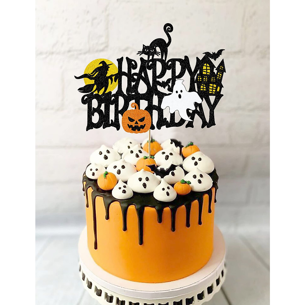 Halloween Cake Topper Glitter Halloween Birthday Cake Toppers Decorations for Boys Girls Spooky Cat Witch Ghost Castle Pumpkin Halloween Happy Birthday Party Decoration Supplies