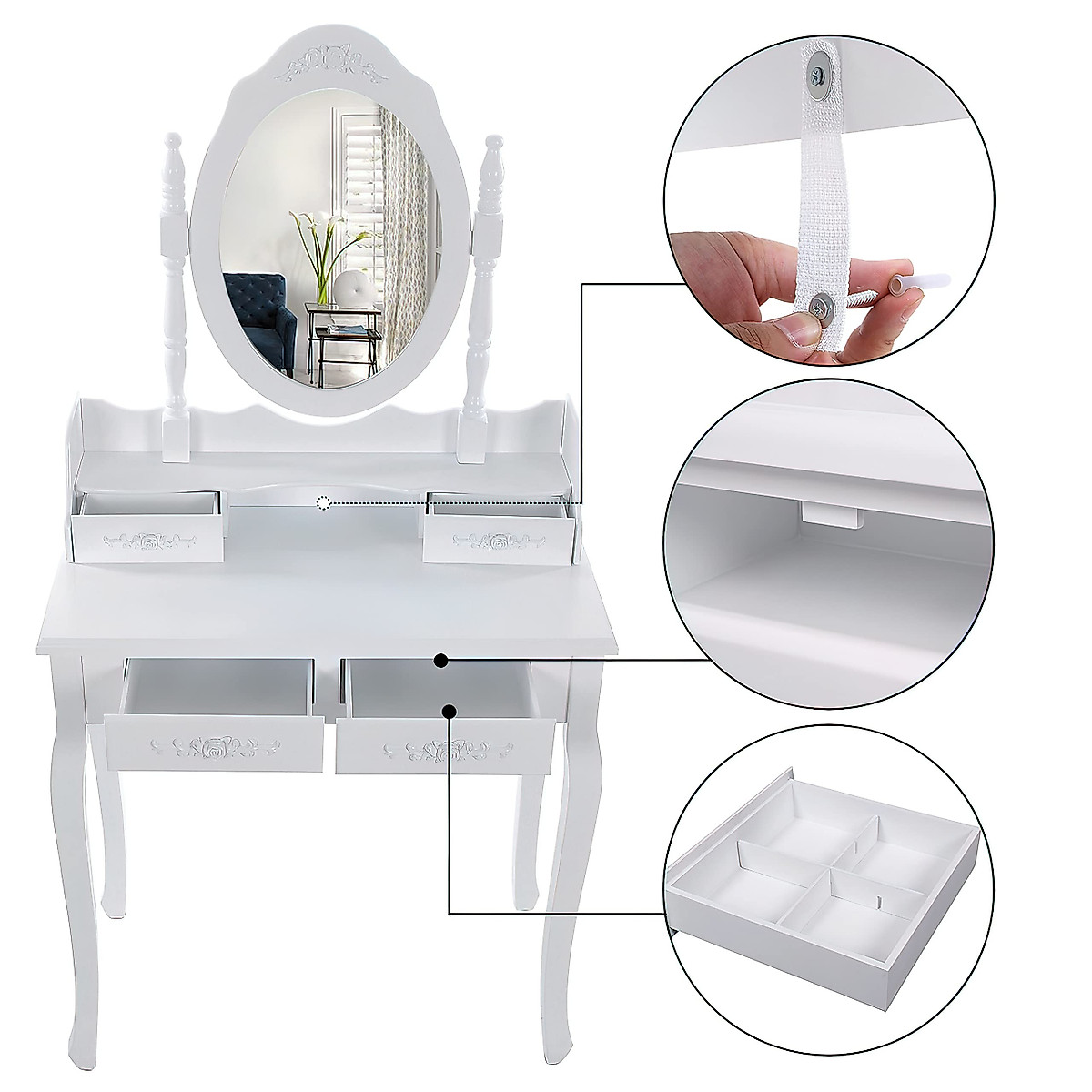 The Urban Port Ren 30-Inch 3-Piece Vanity Desk Set with Rotating Mirror and Matching Stool, 4 Drawers, Solid Wood, Pure White