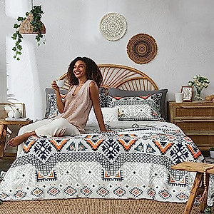 CASAAGUSTO Queen Comforter Set, 8 Pieces Gray Orange Boho Comforter Set, Microfiber Cozy Bohomian Bedding Set with Decor Pillow, Lightweight Breathable for All Seasons