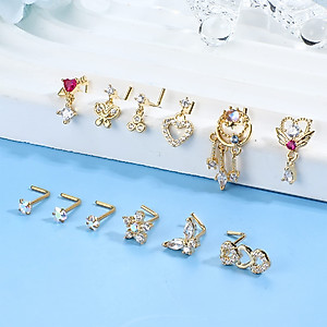 Sanfenly Nose Rings Studs Nose Piercing Jewelry for Women Men 20G Rose Gold Silver Black Cute CZ Heart Moon Butterfly Flower Dangly Dangle Dangling Nose Rings L Shaped Nose Stud Set