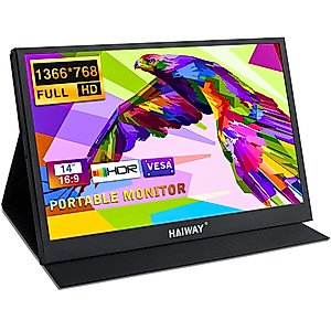 Haiway Portable Monitor, Laptop Monitor 14 inch 1366x768 RES, Ultra Slim Second External Monitor USB C HDMI Gaming Travel Monitor for Laptop Desktop Mac Phone PS4 Xbox Switch with Protective Cover