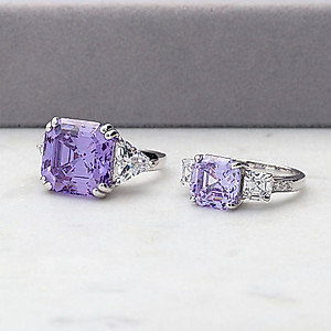 BERRICLE Sterling Silver 3-Stone Wedding Engagement Rings Purple Asscher Cut Cubic Zirconia CZ Statement Cocktail Anniversary Ring for Women, Rhodium Plated Size 4