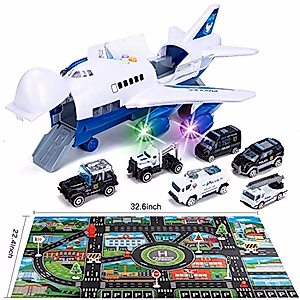 Car Toys Set with Transport Cargo Airplane and Large Play Mat, Mini Educational Vehicle Police Car Set for Kids Toddlers Boys Child Gift for 3 4 5 6 Years Old, 6 Cars, Large Plane, 11 Road Signs