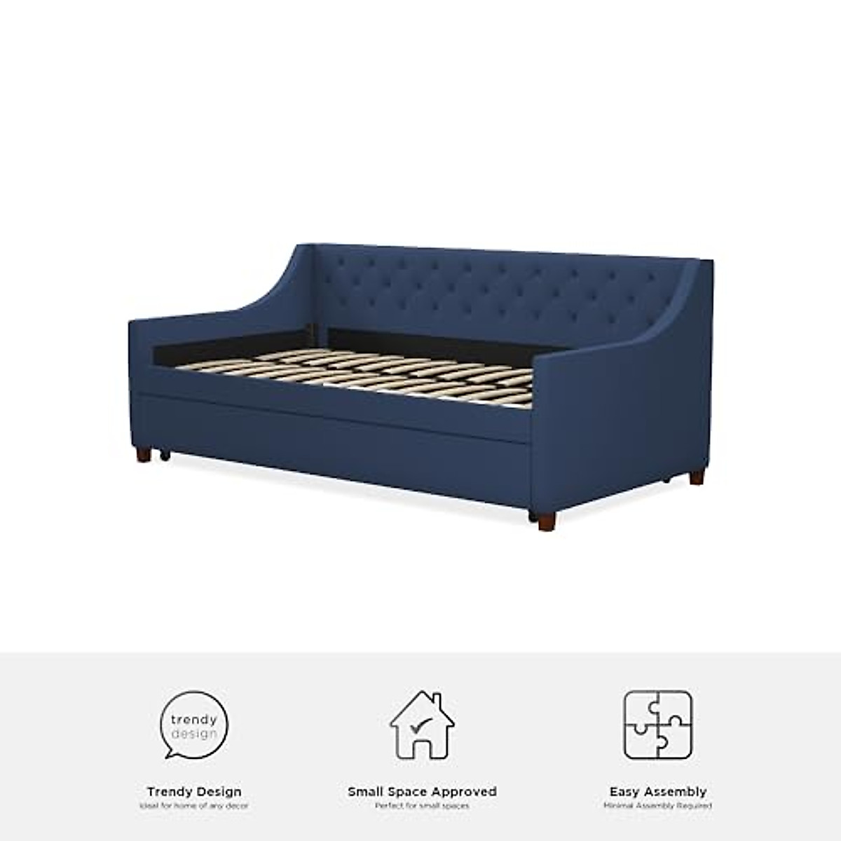 Novogratz Her Majesty Upholstered Daybed with Trundle, Twin Size Frame, Blue Linen