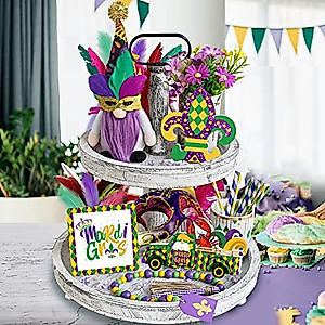 Mardi Gras Decorations,Mardi Gras Gnome Tiered Tray Decor,Mardi Grasi Gnome Plush,3X Rustic Wood Signs,Woodbead Garland,Mardi Gras Farmhouse Table Centerpiece Decor,Mardi Gras Decor