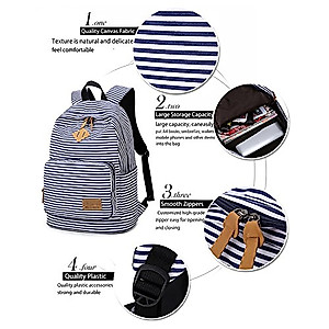 Ahyapiner Striped Canvas Backpack Shoulder Bag Women Casual Travel Daypack Blue One Size