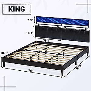 Hasuit King Size Smart LED Bed Frame, Upholstered Platform Bed Frame with Wall Mount Headboard, Verticle Channel Faux Leather Design, No Box Spring Needed, Black