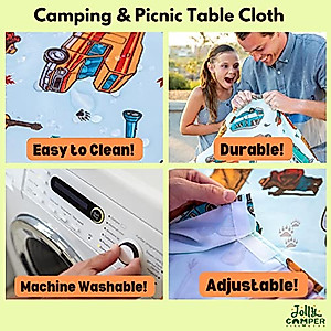 Jolly Camper Vintage Style Camping Tablecloth, Picnic Tablecloth, Fits 4ft to 8ft Picnic Tables, Polyester, Washable & Reusable, Spill & Stain Resistant, Water Repellent, Table Cloth for Picnic Table