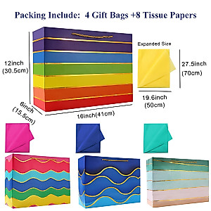 16" Extra Large Gift Bags with Tissue Papers, Extra Large Gift Bags with Handles, Large Gift Bags for Presents, Rainbow Big Gift Bags, Gold Gift Bags Large Size, Extra Large Birthday Gift Bags Bulk