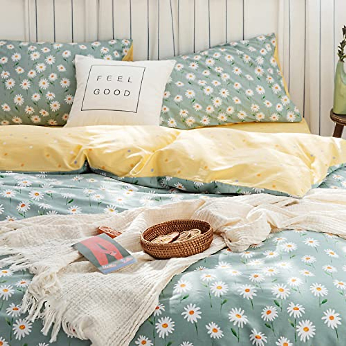 Sage Green Floral Duvet Cover Twin Soft Cotton Bedding Set Daisy Floral Printed on Green Bedding Duvet Cover, Modern Botanical Comforter Set with Zipper Closure