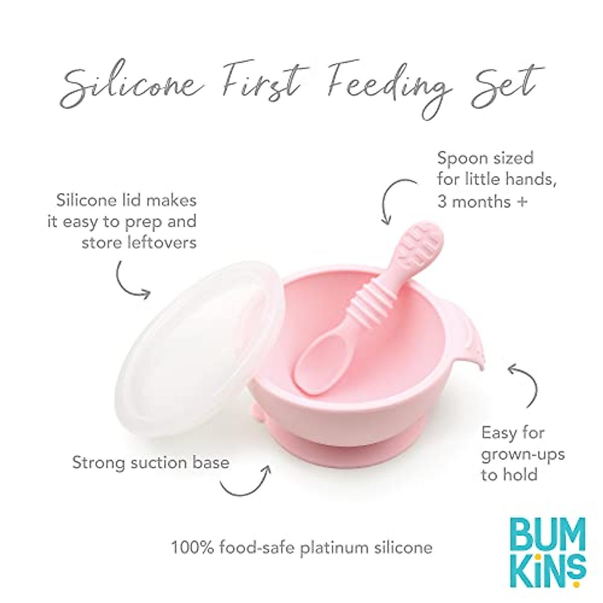 Bumkins Suction Silicone Baby Feeding Set, Bowl, Lid, Spoon, BPA-Free, First Feeding, Baby Led Weaning - Pink(Pack of 1)