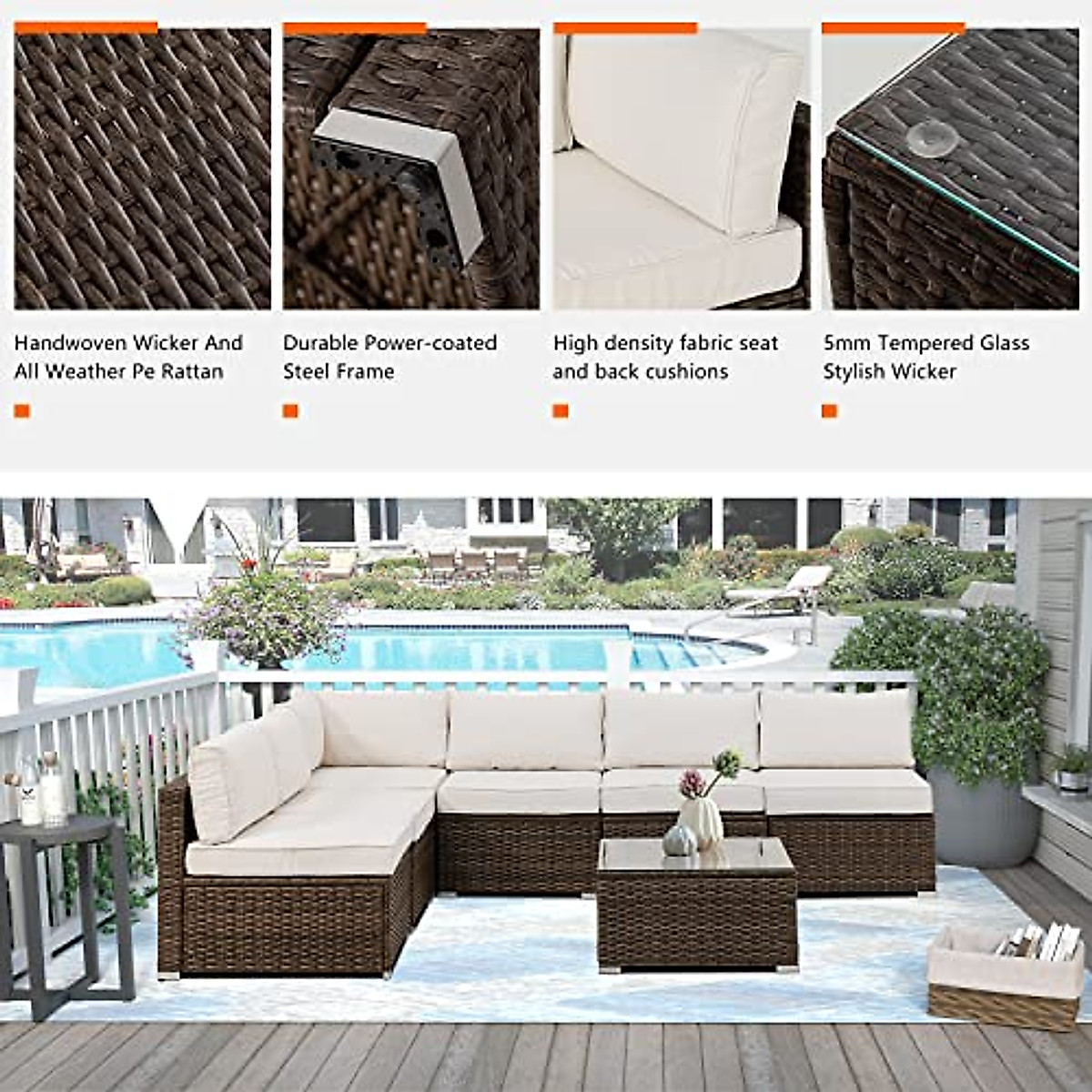 HOMPUS 7-Piece Outdoor Handwoven PE Rattan Wicker L-Shaped Corner Conversation Set Furniture Brown Patio Sectional Sofa Set w Beige Seat Cushions, Glass Coffee Table for Garden,Yard,Pool
