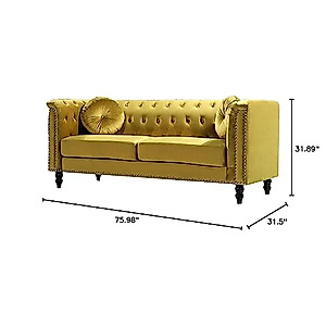 US Pride Furniture Modern Style High Density Foam 75.98'' Wide Golden Velvet Rolled Arm Chesterfield Living Room Removable Cushion & Solid Wood Legs (S5608-5613) Sofas, Strong Yellow
