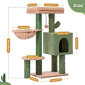 MeowSir Cactus Cat Tree 34 Inches Cute Cat Tower with Padded Top Perch, Comfy Hammock, Private Condo, Fully Scratching Post and Dangling Bell Ball for Indoor Cats- Khaki