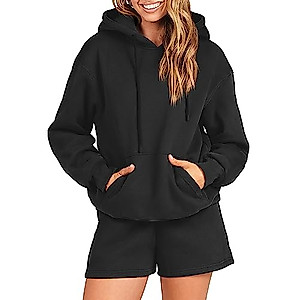 ANRABESS Women 2 Piece Outfits Sweatsuit Set 2023 Fall Two Piece Short Sweat Set Oversized Hoodie Sweatshirt Casual Tracksuit Casual Lounge Matching Set 1048heise-M