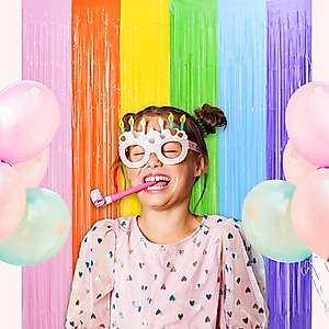 LOLStar Candyland Party Decorations, 2 Pack 3.3x6.6ft Pastel Rainbow Foil Fringe Curtains, Tinsel Curtains Photo Booth Prop Streamer Pastel Backdrop for Cocomelon Home Decor Easter Bunny Decorations