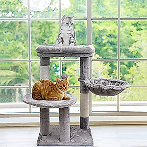 SYANDLVY Small Cat Tree for Indoor Cats, Modern Cat Tower with Scratching Post for Kittens, Climbing Stand with Basket & Hanging Ball for Play Rest