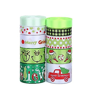 Meseey Red Green Ribbon 10 Rolls Total 50 Yards Christmas Craft Satin Ribbon Funny Cartoon Character Gift Wrapping Ribbon Decorative Ribbon for Xmas Tree Wreath Bows DIY Craft Decoration (Christmas)