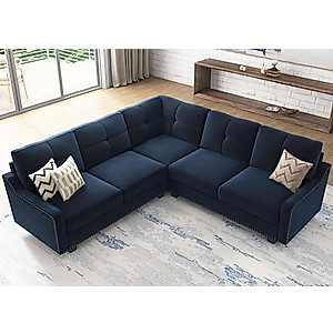 HONBAY Convertible Sectional Sofa L Shaped Couch for Small Apartment Reversible Sectional Couch for Living Room,Velvet Dark Blue