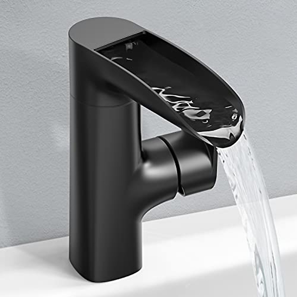 Waterfall Bathroom Faucet - WaterSong Matte Black Bathroom Faucet for Sink 360° Swivel Single Handle One Hole Vanity Faucet, Farmhouse RV Bathroom Vessel Basin Faucet Deck Mount, 100% Lead-Free