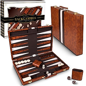 Backgammon Set 15 inch, Medium - Classic Board Game for Adults and Kids with Premium Leather Case - Includes Strategy & Tip Guide (Brown)