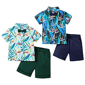 Toddler Baby Boy Suit Summer Beach Print Short Sleeved Bow Tie Shirt Shorts Gentleman's Set Two Track (A, 6-9 Months)