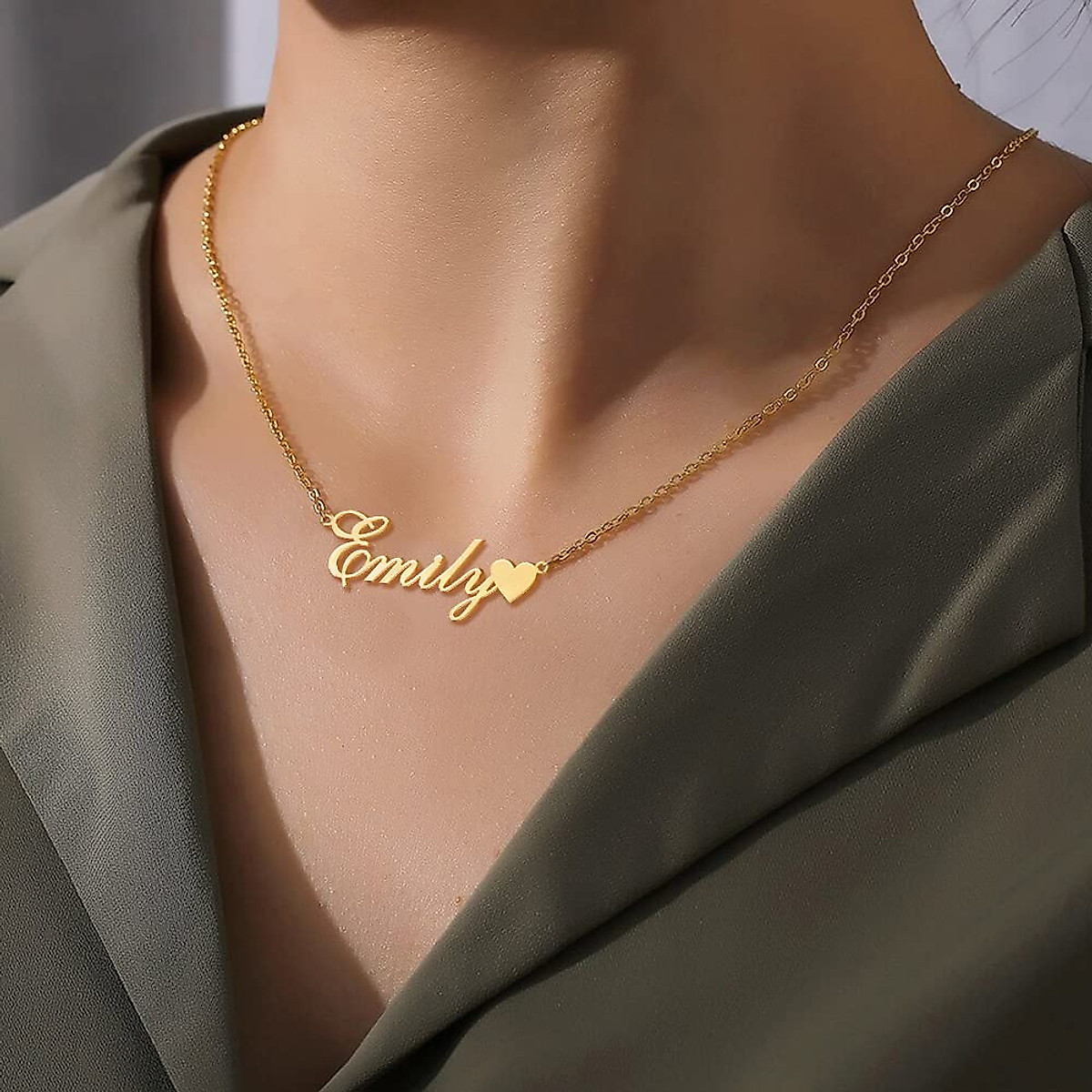 Jecivila Personalized Name Necklace with Heart 18K Gold Plated Nameplate Necklace Custom Name Customized Jewelry Gift for Women