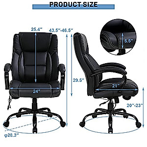 Big and Tall Office Chair Ergonomic Desk Chair with Lumbar Support Massage, Heavy Duty 500 lbs Wide Seat Computer Chair with Armrest, PU Leather Swivel Task Chair, Black