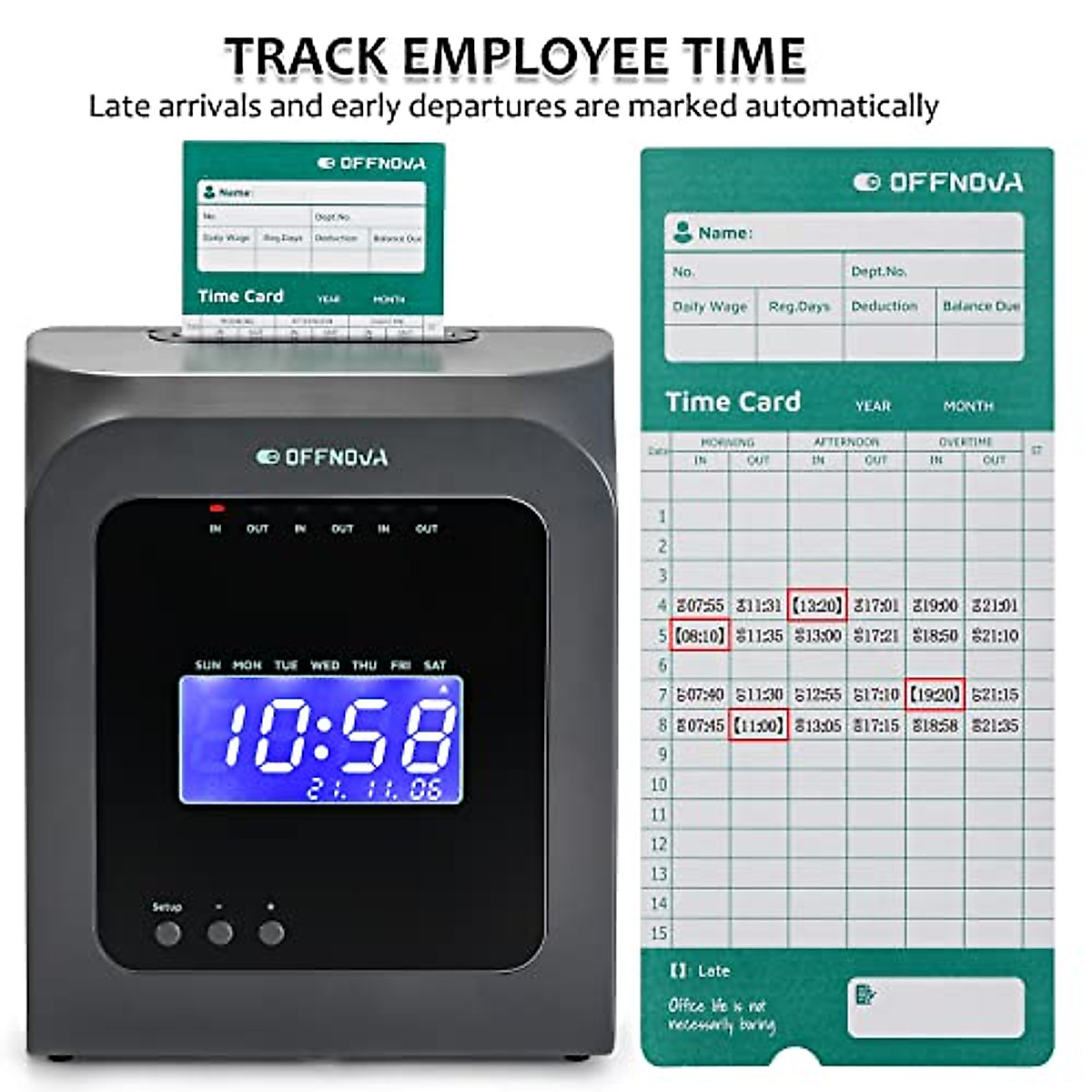 OFFNOVA Im·Pulse Thermal Time Clock for Employees Small Business, No Ink Ribbons or Network Needed, in/Out Time Attendance Machine with 50 Time Cards