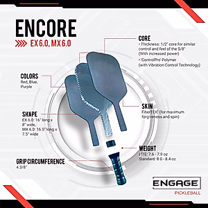 Engage Pickleball Encore EX 6.0 Pickleball Paddle - Pickleball Paddles with Thick Polymer Core - USAPA Approved Pickleball Paddles Pickleball Rackets for Adults - Lite (Blue)