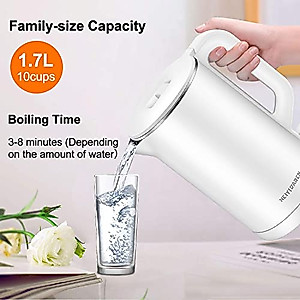 Electric Kettle, 1.7L 1500W Double Wall 100% Stainless Steel BPA-Free Cool Touch Tea Kettle Hot Water Boiler with Overheating Protection, Cordless with Auto Shut-Off and Boil-Dry
