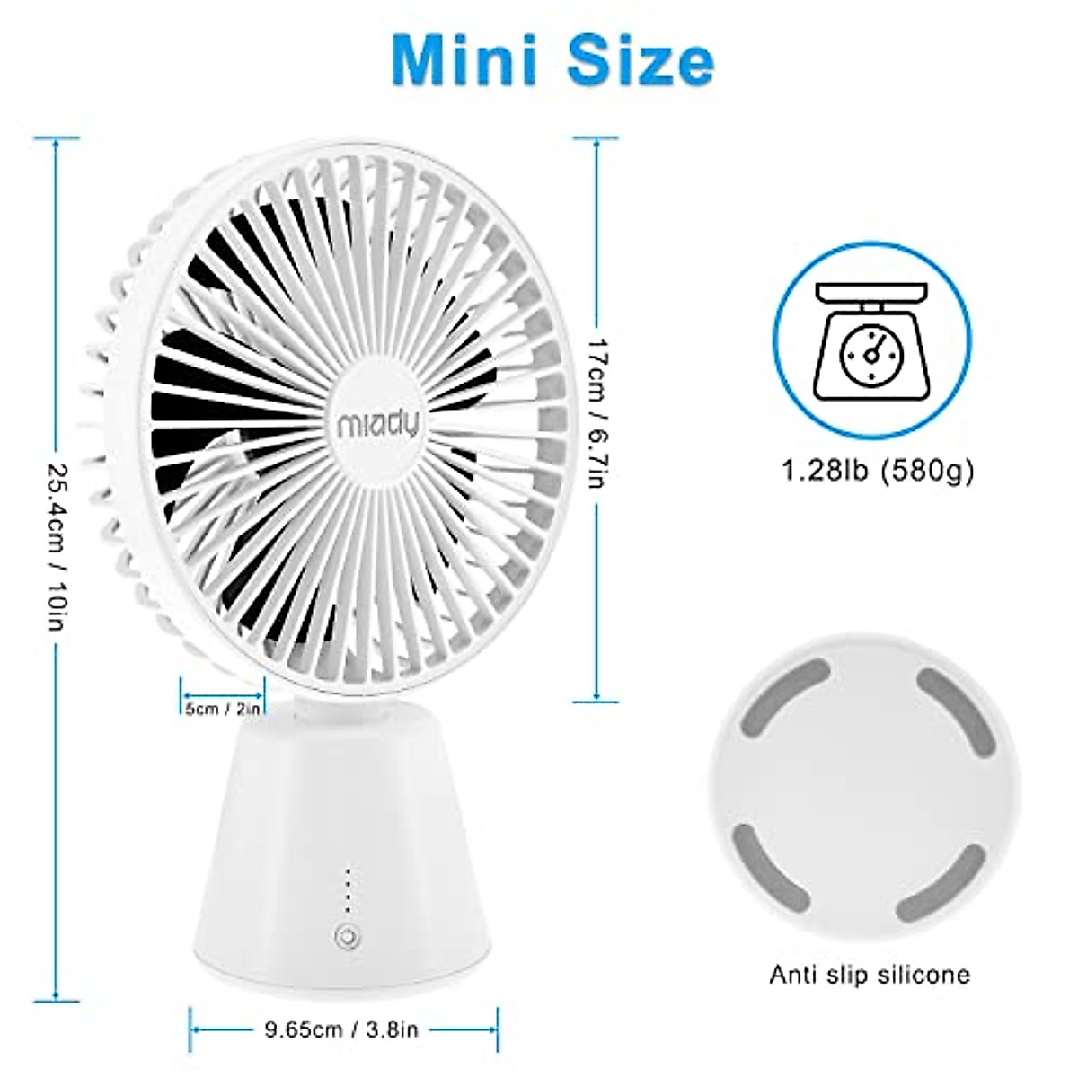 Miady USB Desk Fan, Upgraded 5000mAh Portable Desktop Fan 135°Auto-Oscillating 3 Speeds Mini Cooling Personal Table Fan for Home Office Travel Camping Outdoor