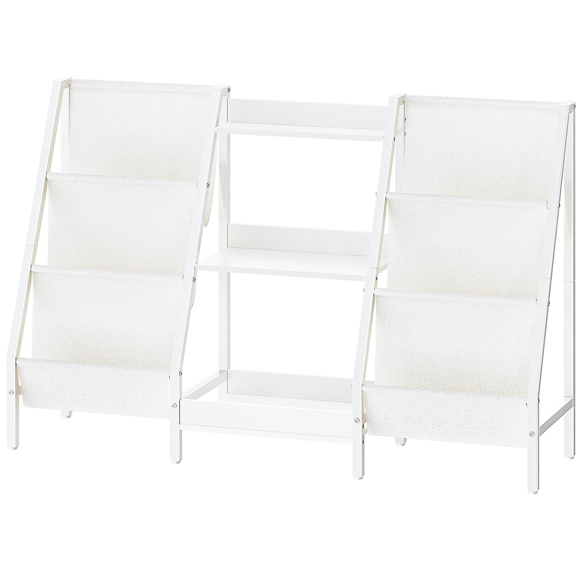MAHANCRIS Kids Bookshelf and Toy Organizer, 3-Tier Kids Bookcase, Kids Sling Bookshelf, Toddler Toy Storage Organizer with Bookshelf, for Kids Room, Playroom, Bedroom, Nursery, White BKWT34201