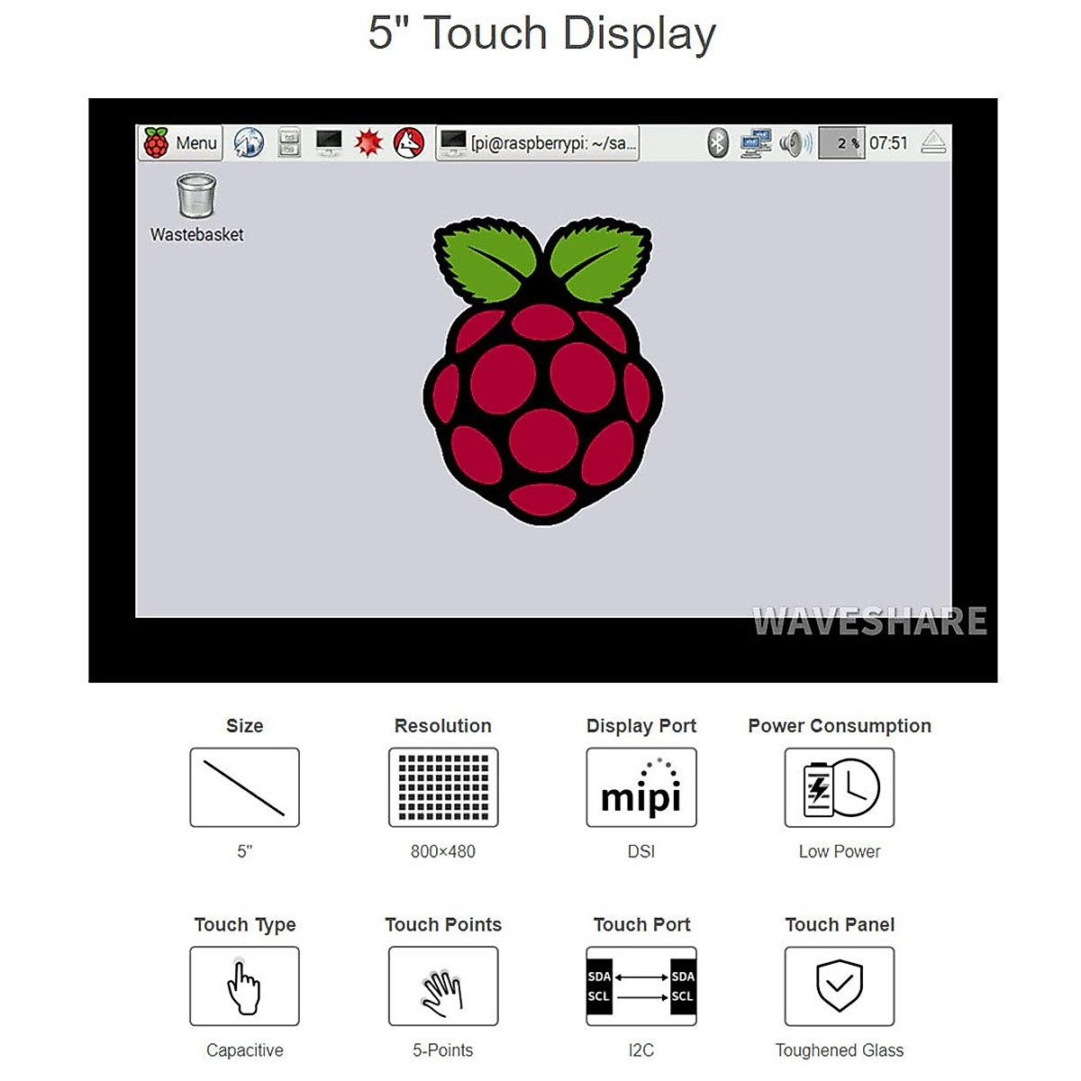 Coolwell Waveshae 5inch Capacitive Touch Display for Raspberry Pi Series and CM3/3+, 800×480, DSI Interface Up to 5-Points Touch