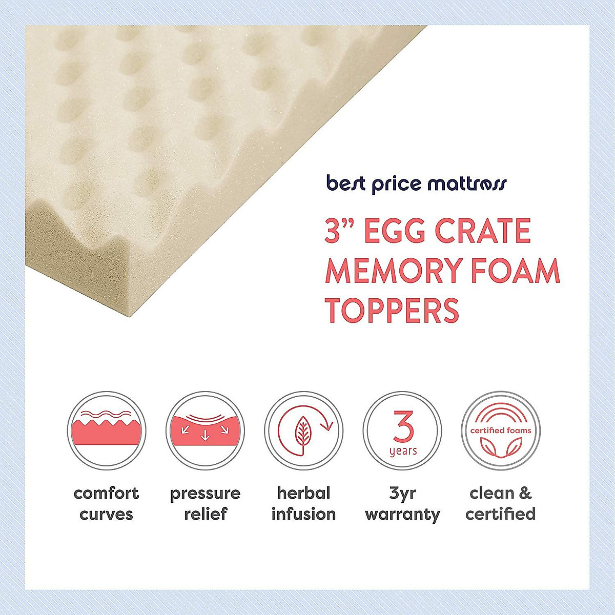 Best Price Mattress 3 Inch Egg Crate Memory Foam Mattress Topper with Copper Infusion, CertiPUR-US Certified, Queen Beige
