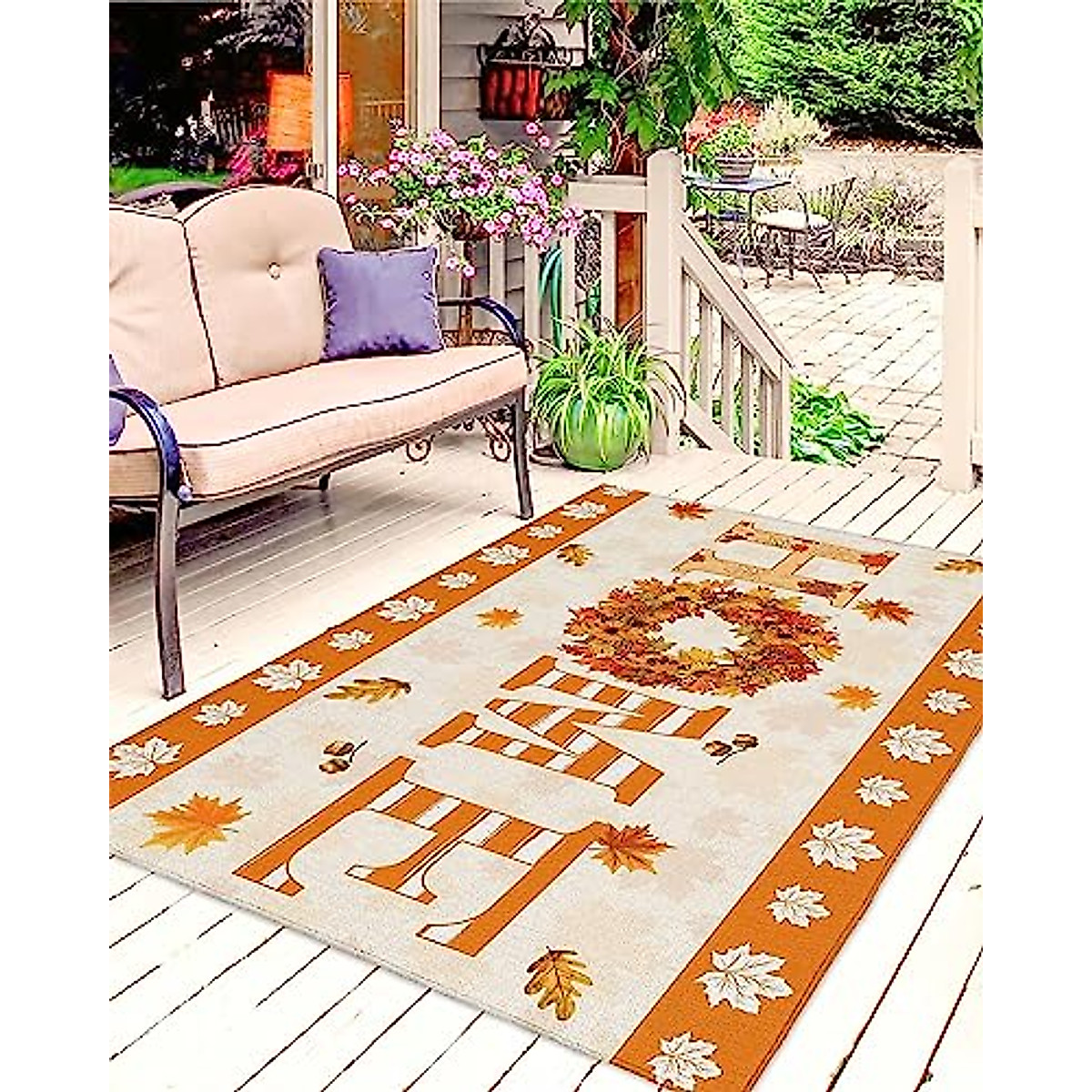 Outdoor Area Rug for Patio,Fall Thanksgiving Home Quotes Maple Leaf Camping Rugs Indoor Large Floor Mat 4x6ft,Sunflower Wreath Linen Outside Carpet for Deck RV Picnic Porch Backyard Bedroom