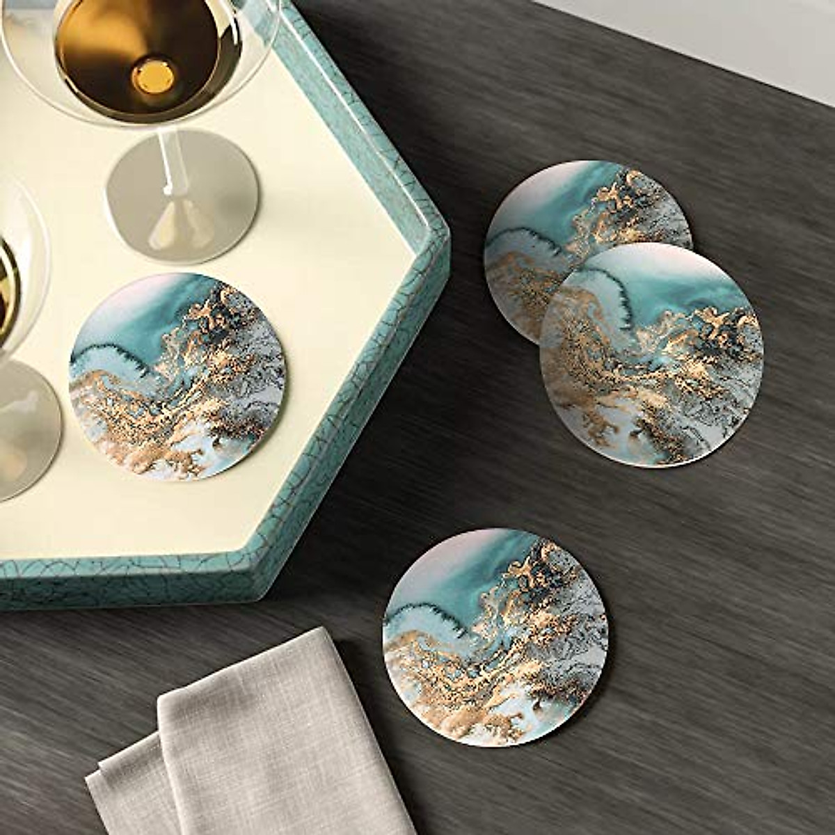Lahome Marble Pattern Coasters - Round Drinks Absorbent Stone Coaster Set with Ceramic Stone and Cork Base for Kinds of Mugs and Cups (Blue, Set of 4)