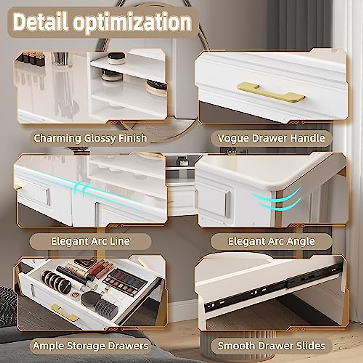 WESTREE Modern Makeup Vanity Desk with Glossy Desktop,Bedroom Home Office Writing Desk with Drawers, Storage Shelf, Gold Metal Frame for Dressing Table Without Mirror