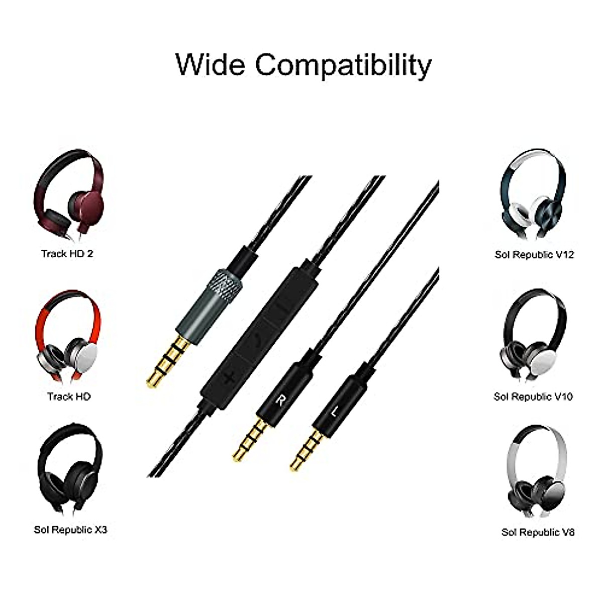 Xivip Replacement Cable Compatible with Sol Republic Master Tracks HD V8, V10, V12, Sol Republic X3 Headphone (Black with Control), 120cm/4ft