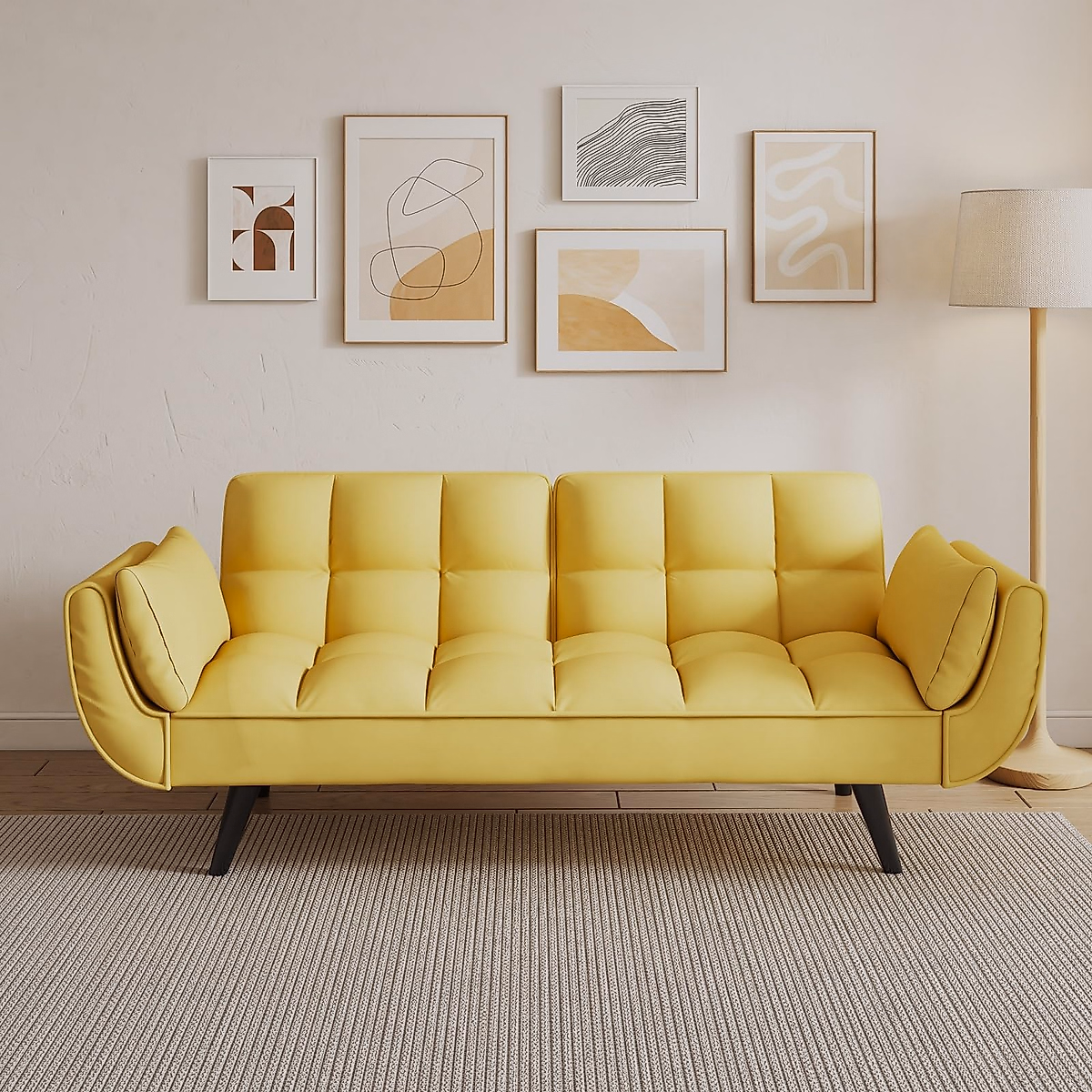 Majnesvon Velvet Futon Sofa Couch Bed with 2 Pillows, Convertible Folding Futon Couch with Adjustable Backrest, Love Seat Sleeper Sofa Bed for Small Spaces, Living Room, Office, Apartment (Yellow)