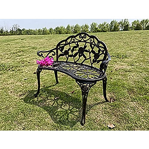 U/D Outdoor Bench Park Garden Bench ，All Chair Anti Rust Cast Aluminum Patio Yard Bench ，Carved Rose Loveseat Bench for Backyard. Porch, Balcony, Lawn. (Without Cushion, Copper)