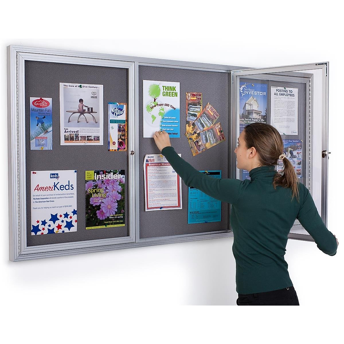 72 x 36 Inch Fabric Tack Board, 3 Locking Swing-Open Doors, 6 x 3 Foot Enclosed Bulletin Board for Wall Mount, Hardware Included - Silver Aluminum Frame with Light Gray Fabric