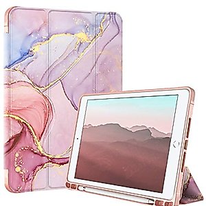 PIXIU Compatible with Pad 9.7 inch Case with Pencil Holder,pad 6th /5th Generation Cases,Full Body Protective Folio Leather Smart case Cover with Wake/Sleep Feature (Purple Marble)