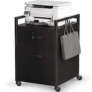 ODK File Cabinet with 2 Drawers, Mobile Office Cabinet with Lock on Wheels, Rolling Office Printer Stand Filing Cabinet for A4, Letter Sized Document with Iron Hook, Black