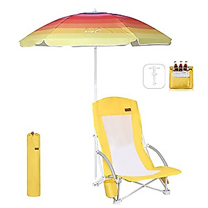 Nice C Beach Chair, Beach Chairs for adults with Umbrella and Cooler, High Back, Cup Holder & Carry Bag & Heavy Duty Compact Outdoor, Camping (One Yellow)