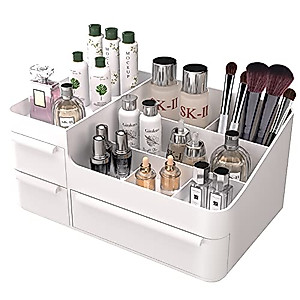 Makeup Organizer with Drawers, Countertop Organizer for Vanity, Bathroom and Bedroom Desk Cosmetics Display Case for Brushes, Lotions, Perfumes, Eyeshadow, Lipstick and Nail Polish, White