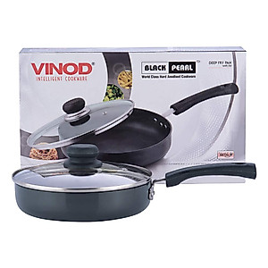 Vinod Pearl Hard Anodised Deep Fry Pan with Glass Lid, 9.5", Black